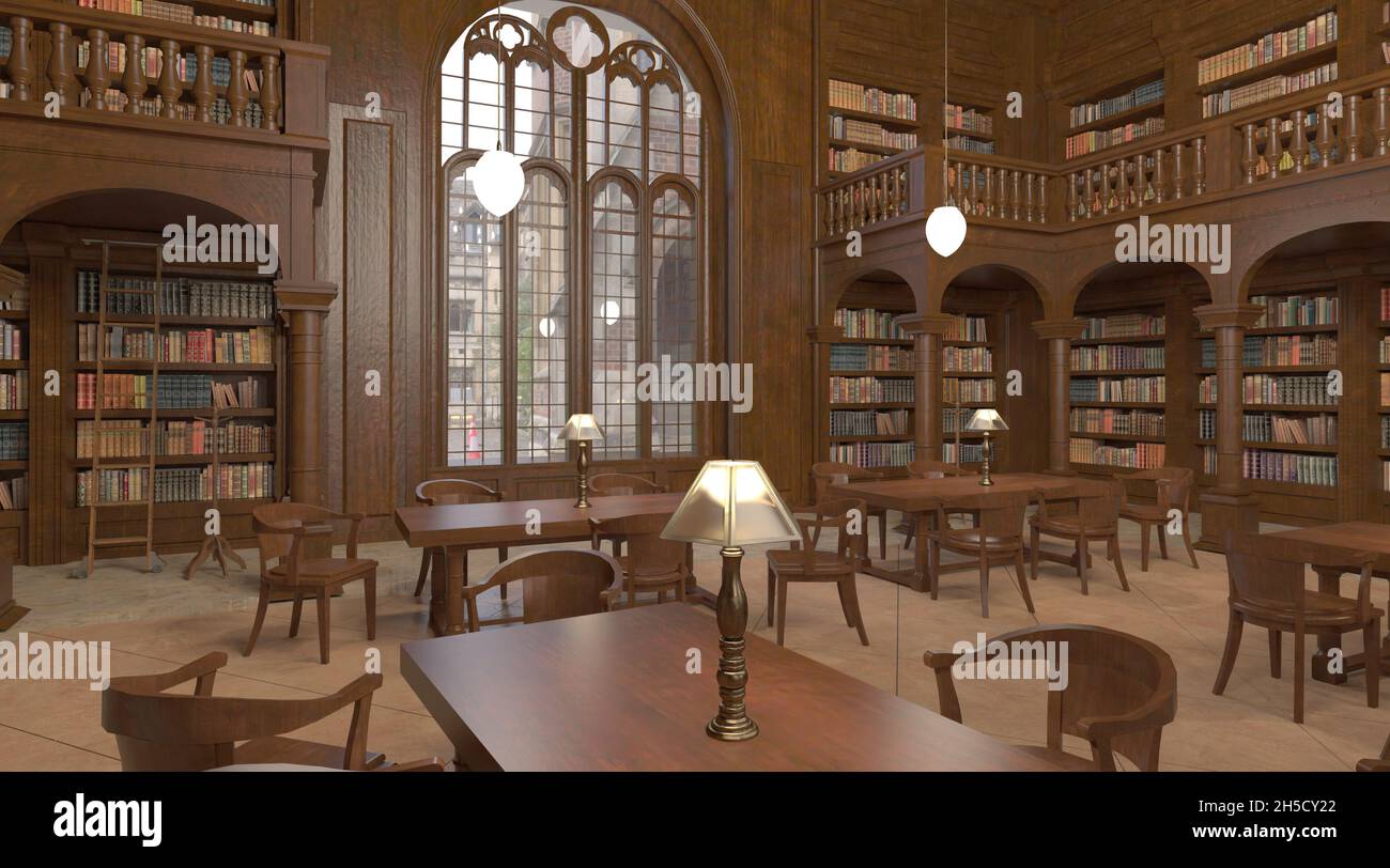 3D illustration victorian library room interior Stock Photo - Alamy