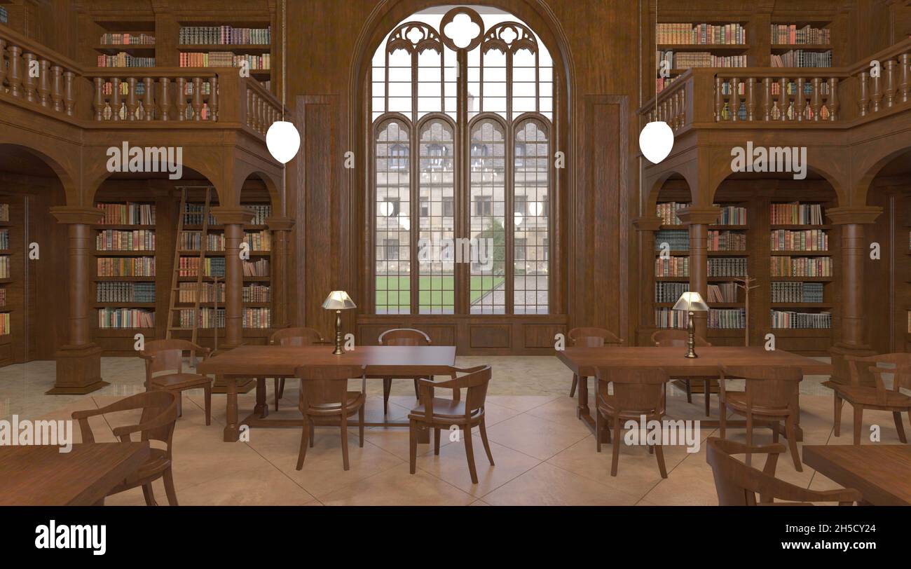 3D illustration victorian library room interior Stock Photo - Alamy
