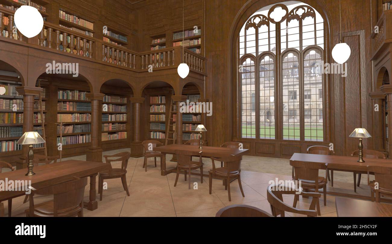 3D illustration victorian library room interior Stock Photo - Alamy