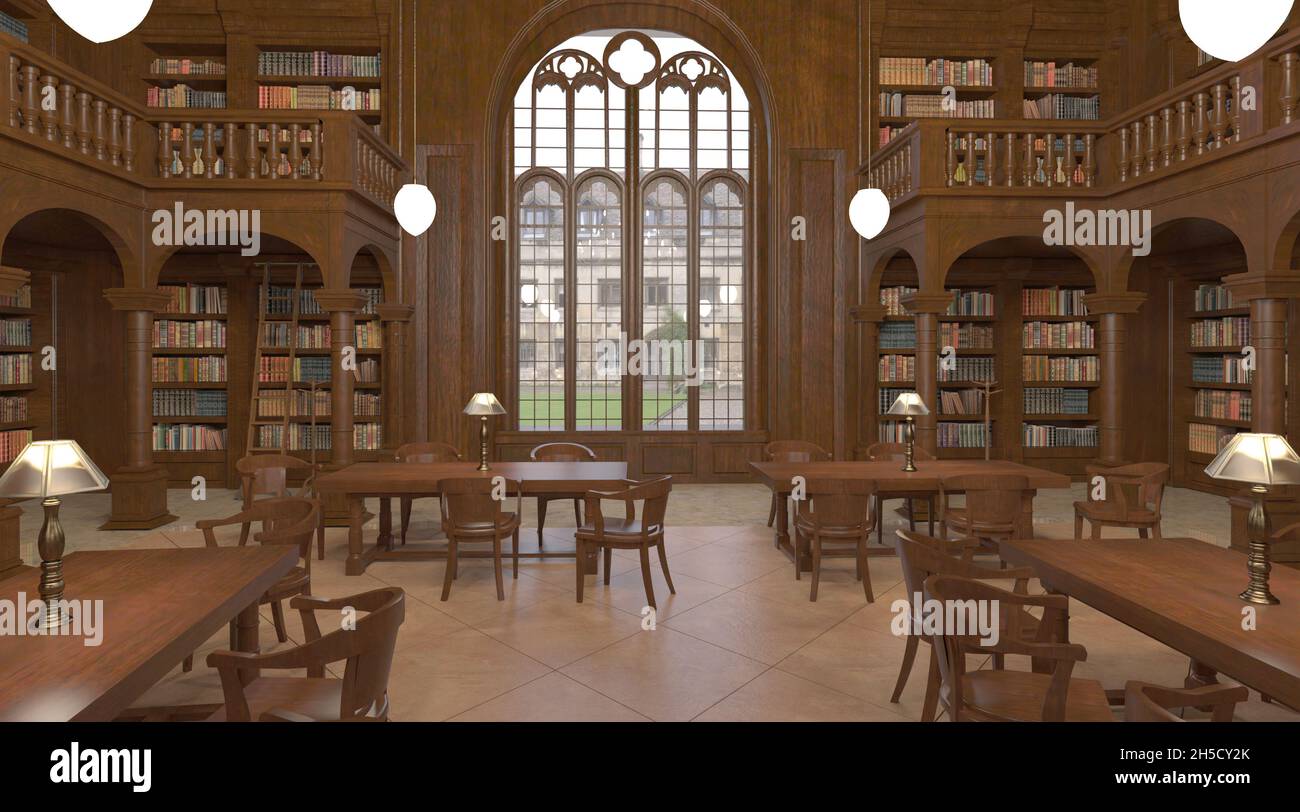 3D illustration victorian library room interior Stock Photo - Alamy
