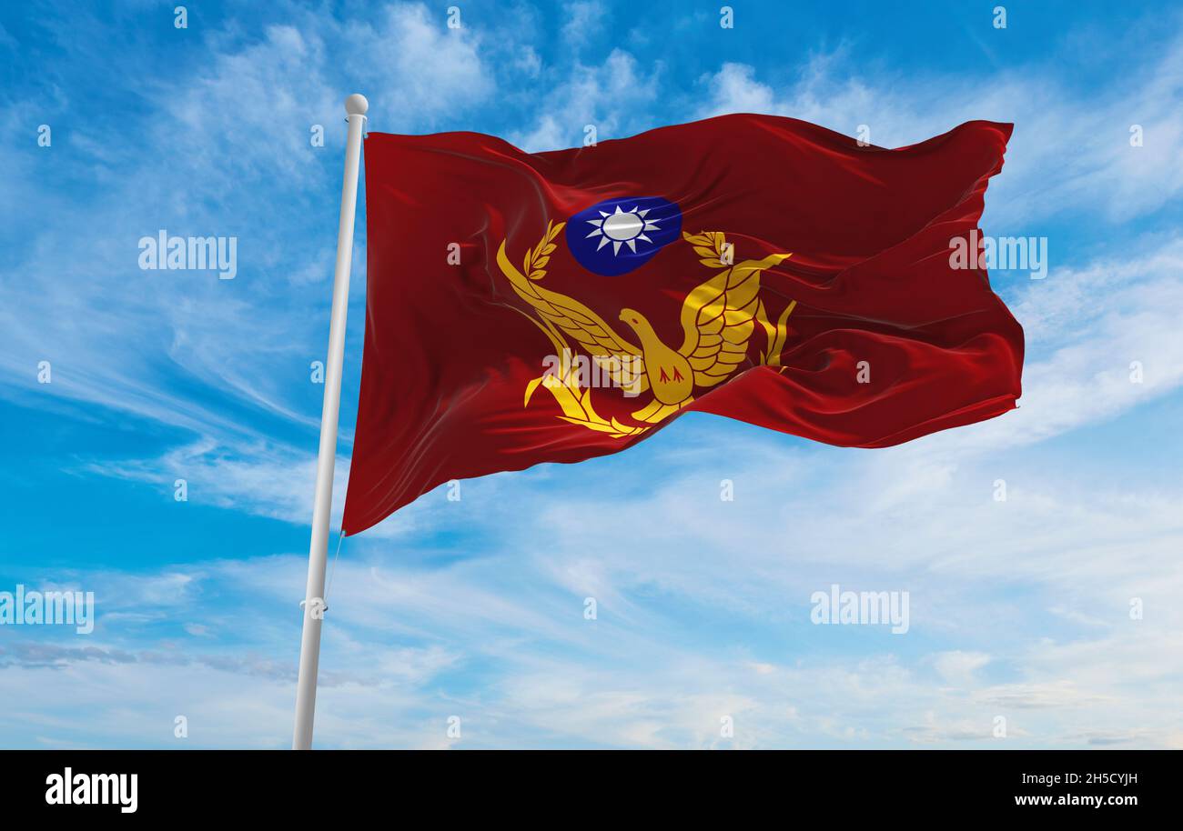 flag of police at cloudy sky background on sunset, panoramic view ...