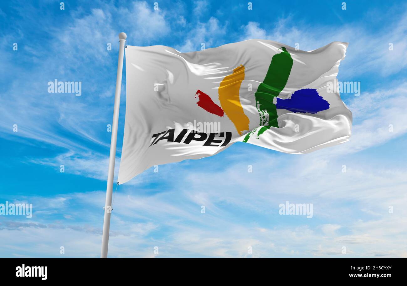 flag of Taipei, City at cloudy sky background on sunset, panoramic view ...