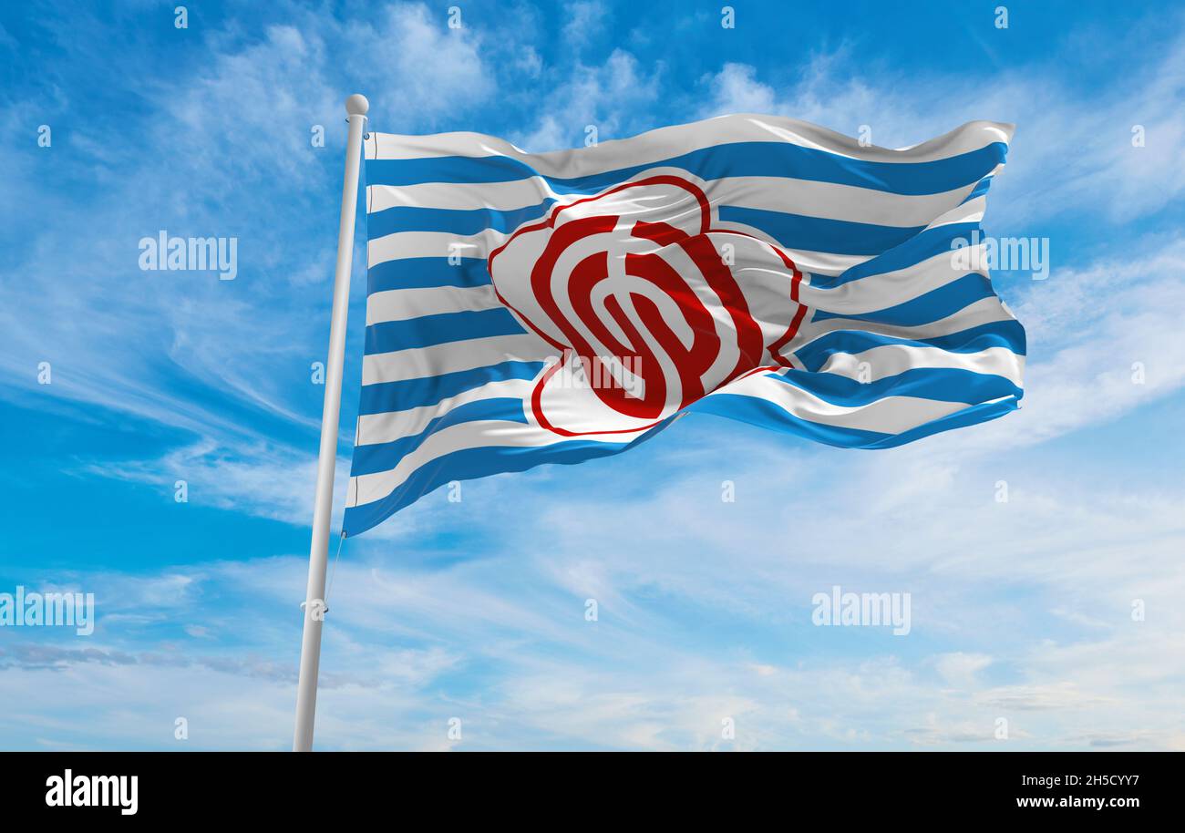 flag of Taipei, City 1981-2010 at cloudy sky background on sunset ...