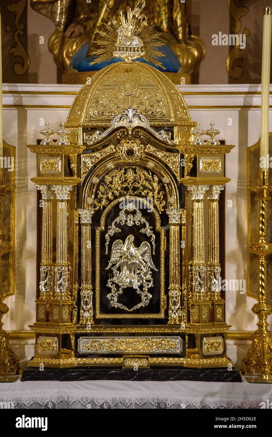 A chest holds the golden religious relics of a Catholic church Stock ...
