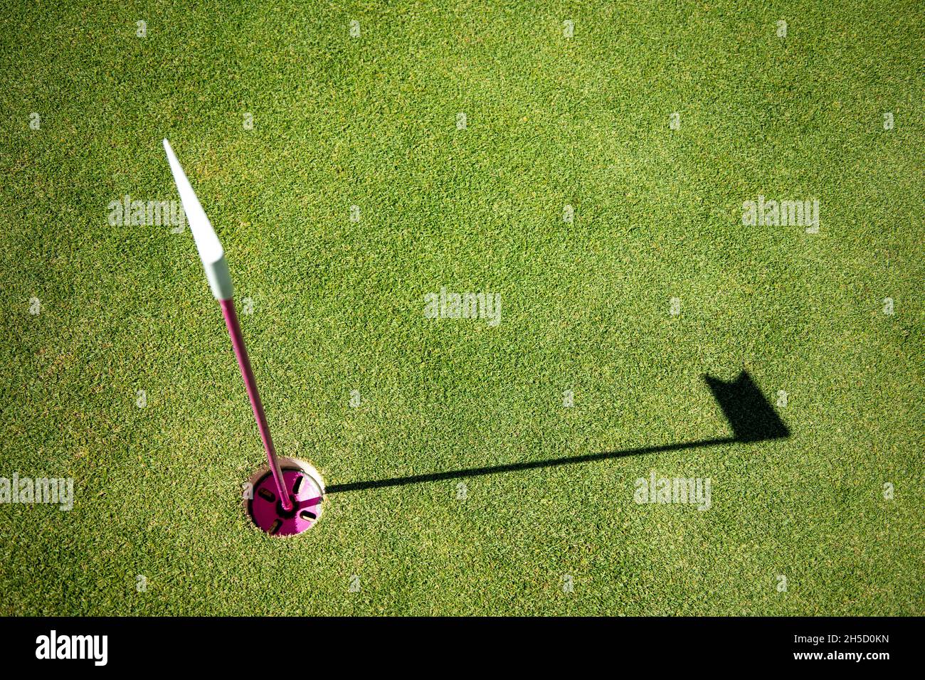 Hole marked with small flag at the mini golf area. Number flag on a ...