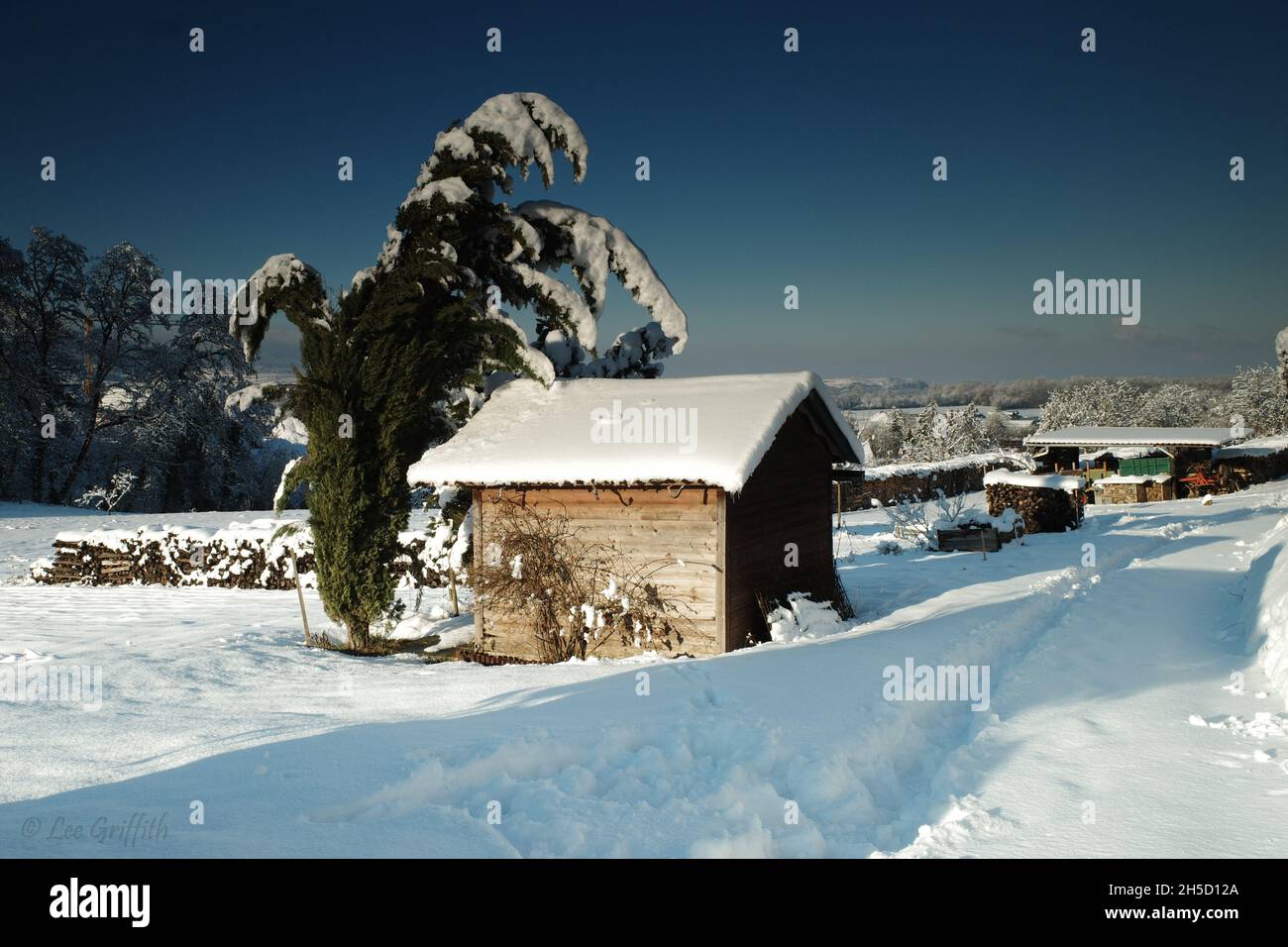 Shack and surrounded with snow at a winter landscape Stock Photo - Alamy