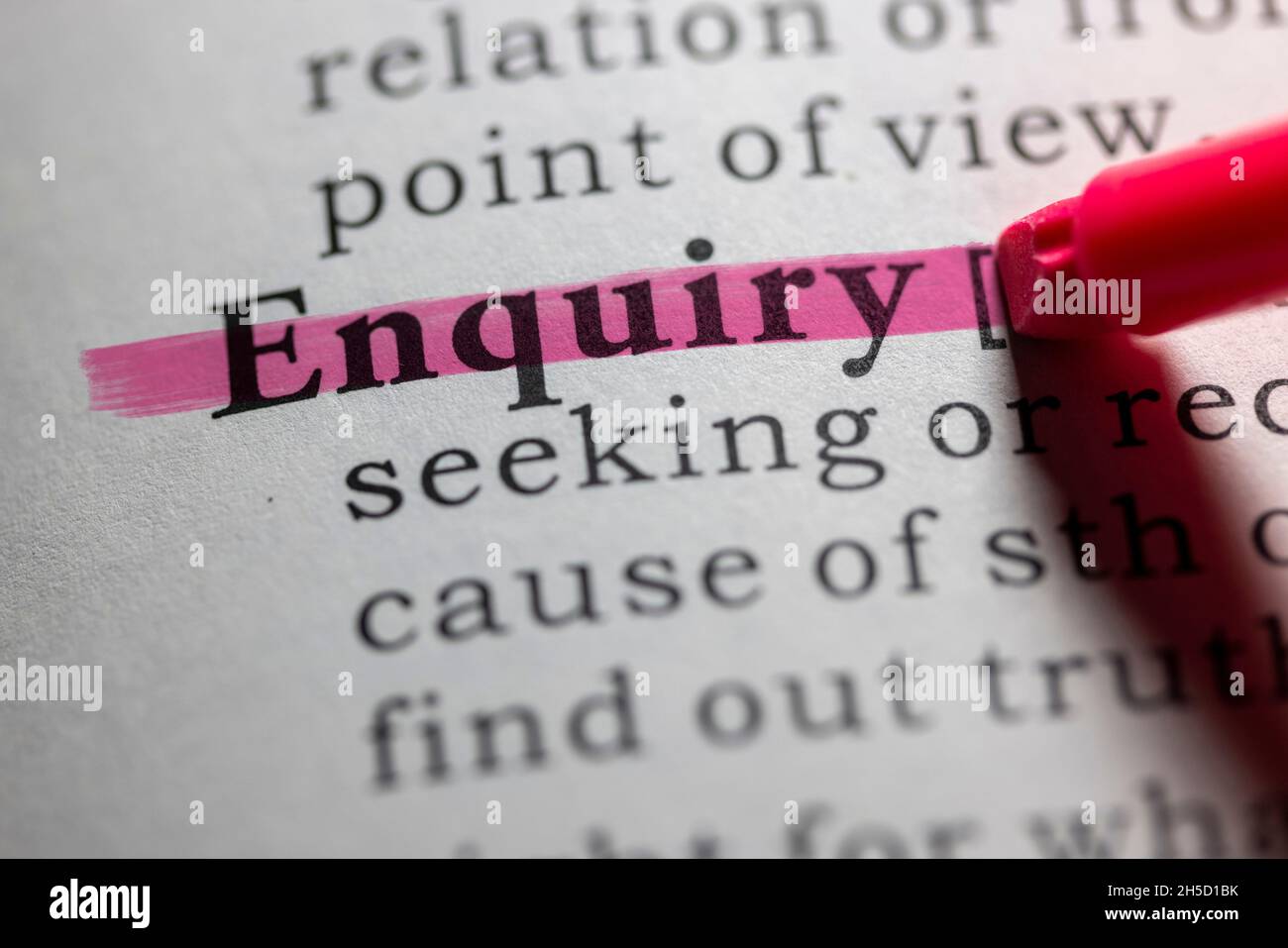 Fake Dictionary word, Dictionary definition of enquiry Stock Photo - Alamy
