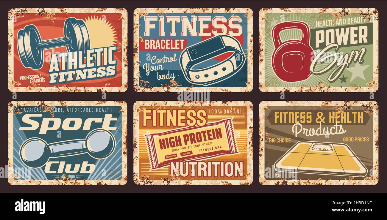 Fitness sport rusty plates. Gym, sport nutrition and fitness club tin ...