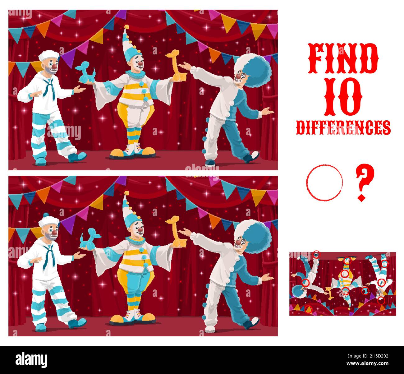 Find differences game. Cartoon circus clowns, vector. Matching kids ...