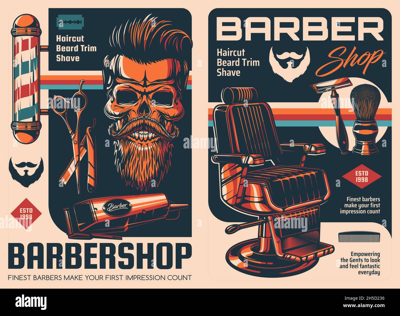 Barbershop vintage posters with skull beard and mustaches, vector ...