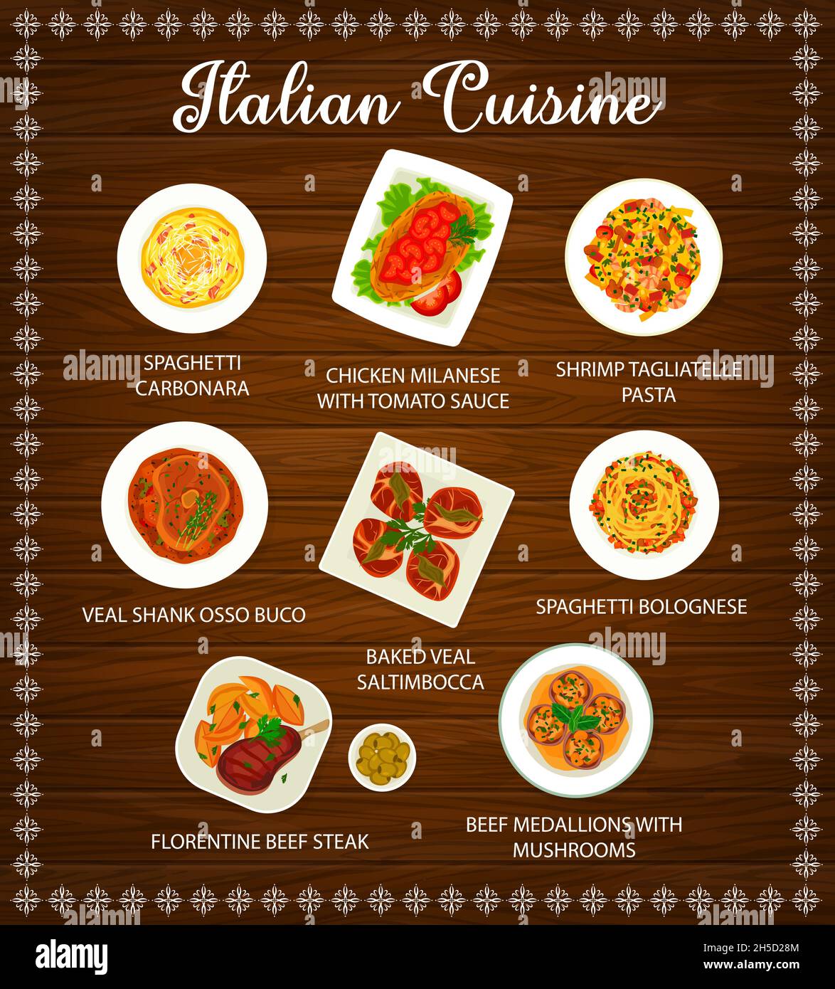 Italian cuisine food, Italy pasta and meat dishes menu, vector. Italian ...