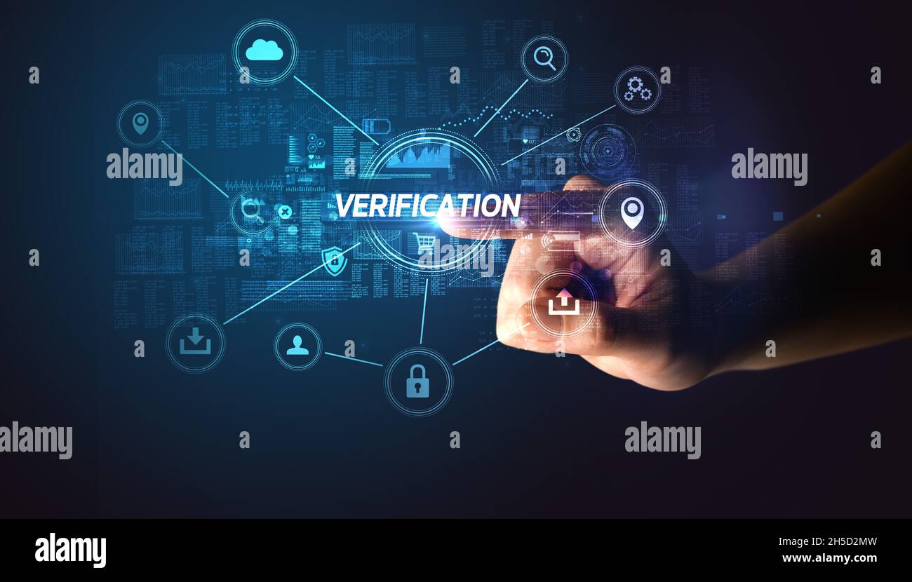 Hand touching cybersecurity button concept Stock Photo - Alamy