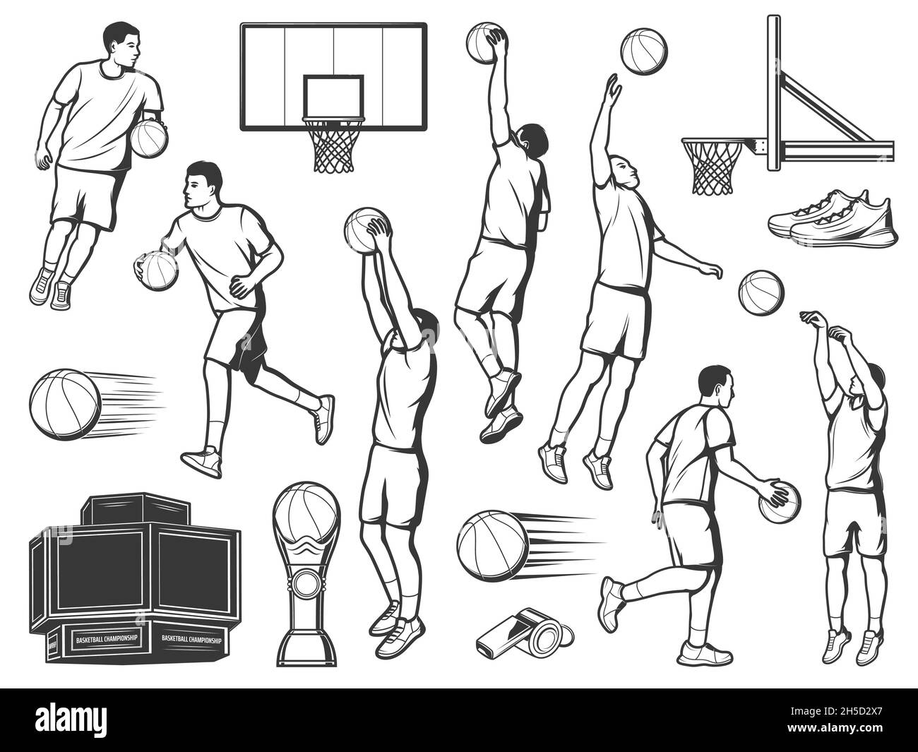Basketball sport players throwing balls into net vector icons ...