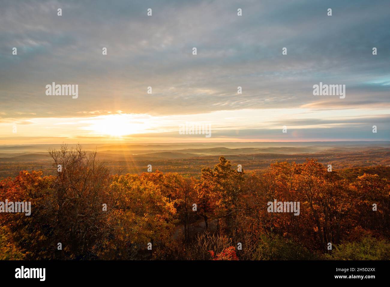 High Point State Park, NJ, sunrise on a late fall morning with fall ...