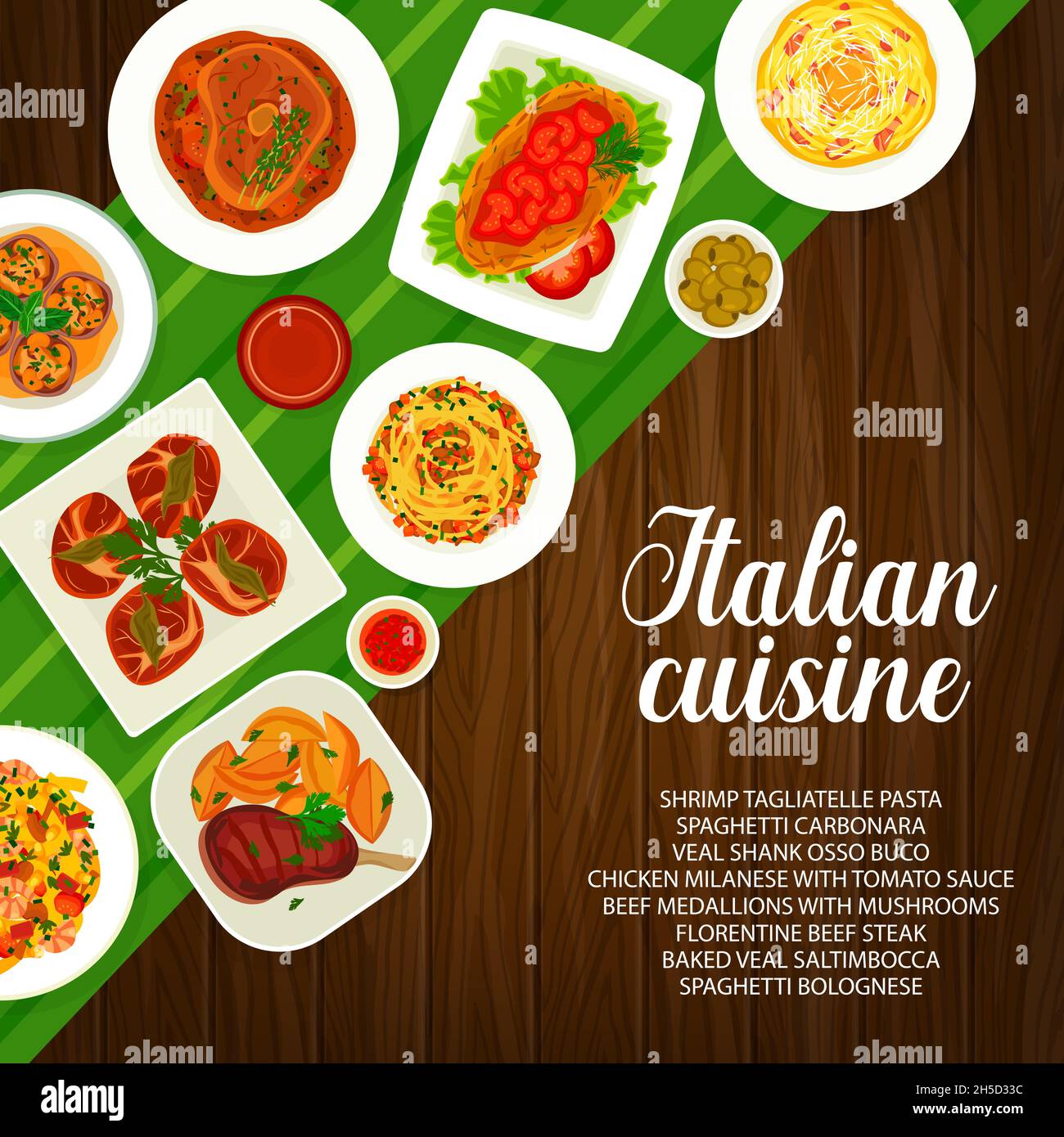 Italian food cuisine and pasta menu of Italy restaurant, vector ...