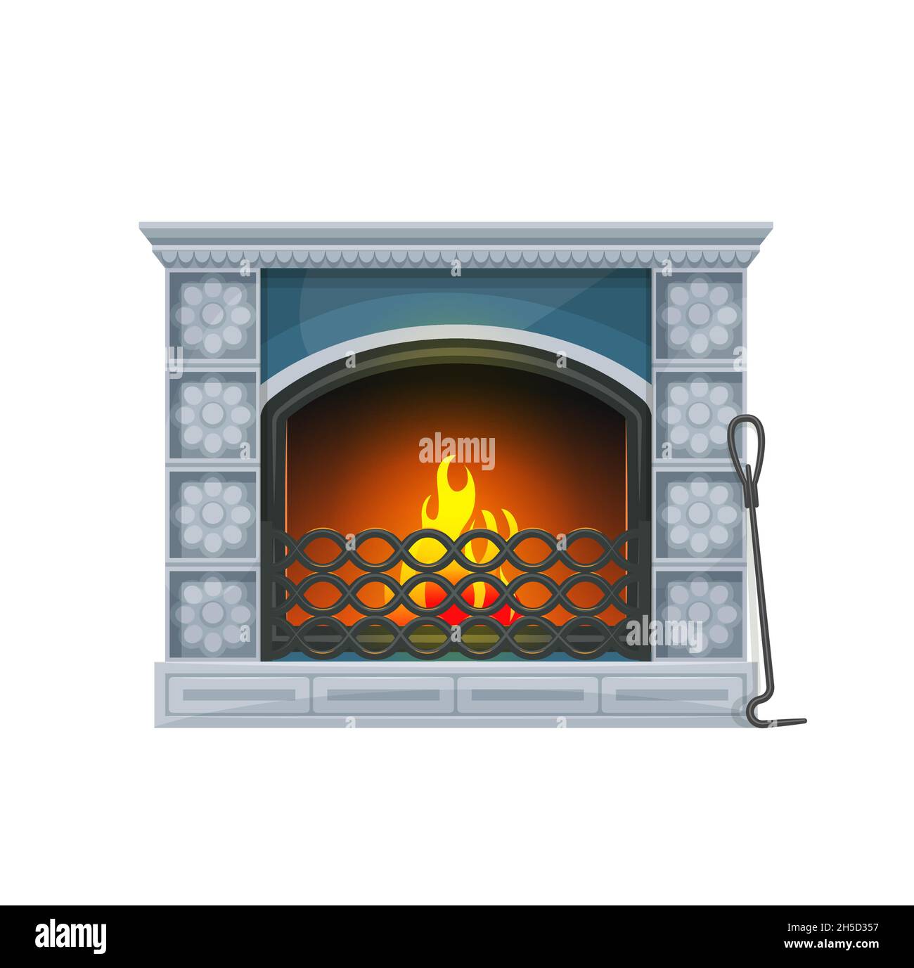 Home interior fireplace with burning fire. Vector traditional indoors ...
