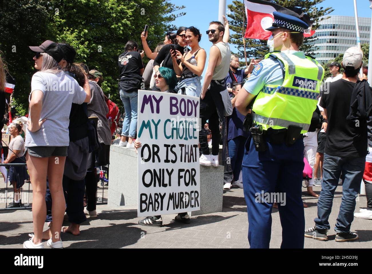 Wellington, New Zealand. 9 November 2021: A anti-vax, anti-abortion ...