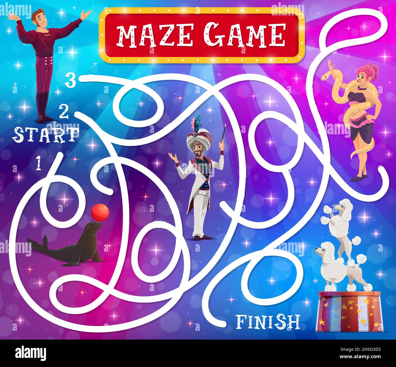 Circus labyrinth maze game. Kids education vector maze with start to ...