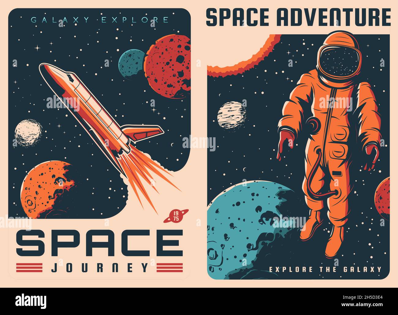 Spaceship and astronaut in outer space retro posters. Vector vintage cards cosmic journey ...