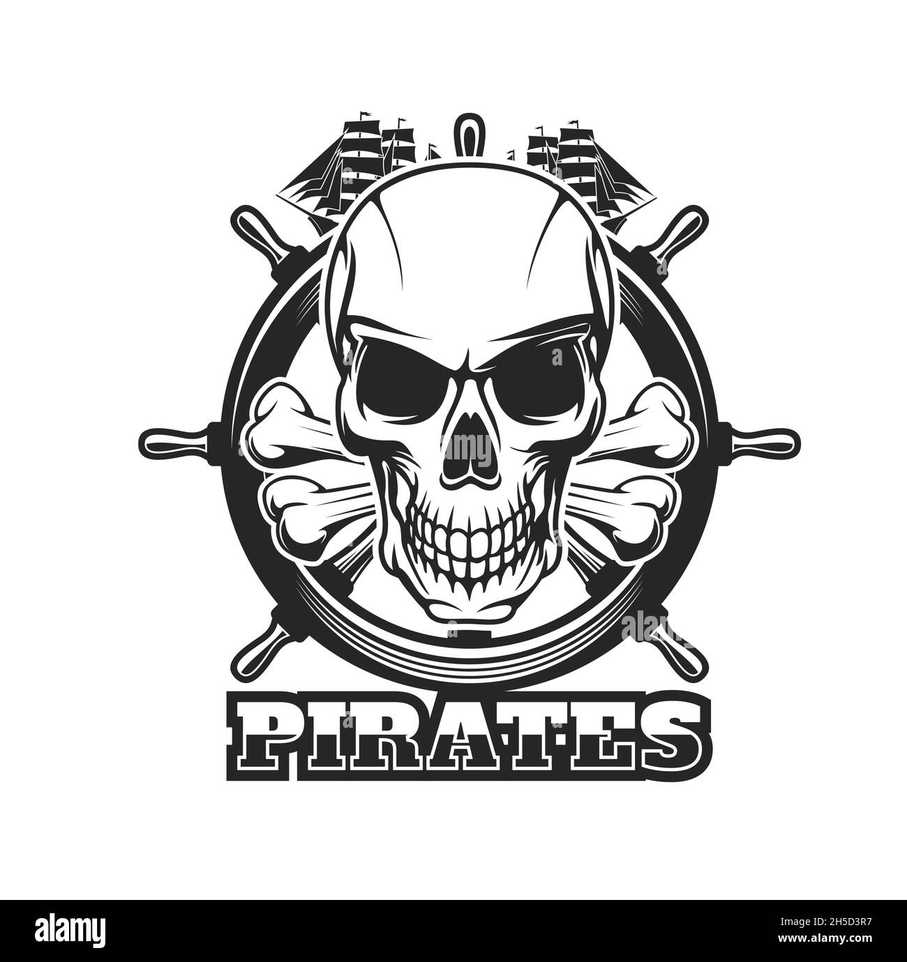 Pirate skull, helm and ship icon. Corsair, buccaneer or filibuster ...