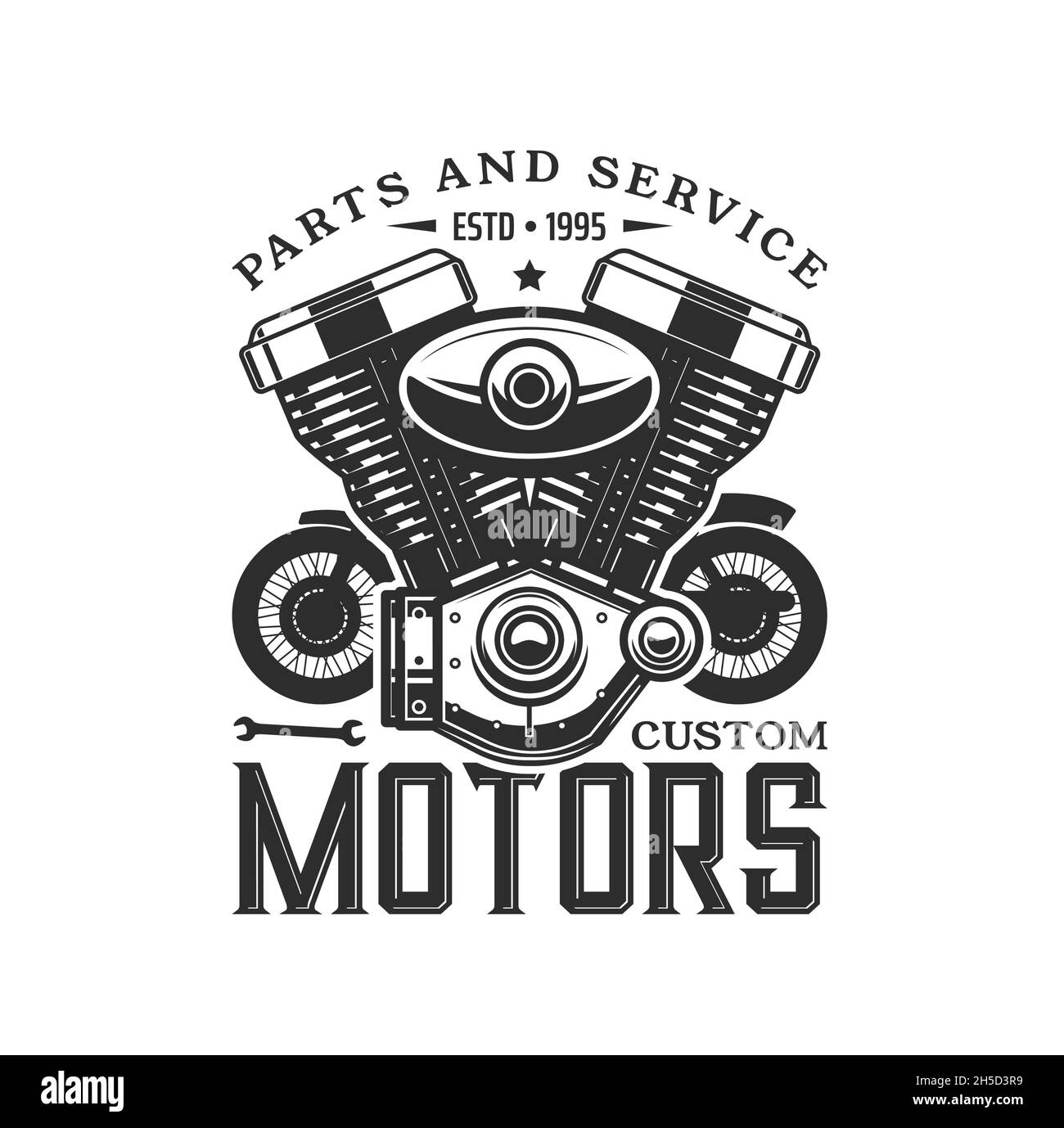 Custom motors service icon with engine and wheel, vector symbol ...