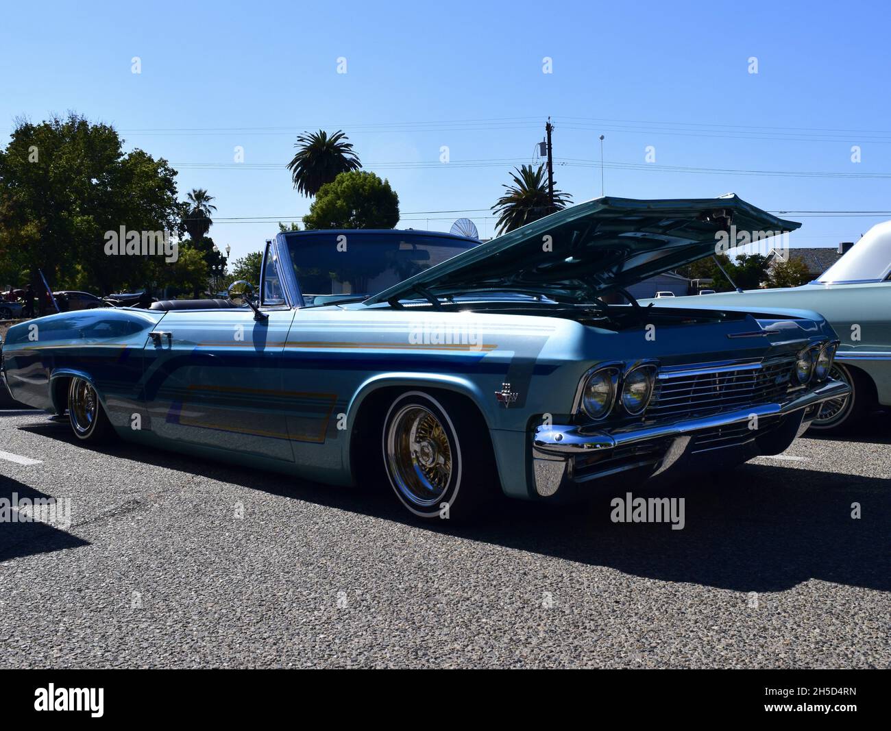 FRESNO, UNITED STATES - Oct 09, 2021: A side angle photo of a blue and ...