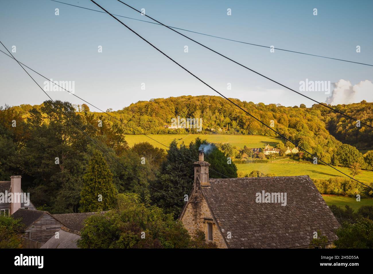 View over a beautiful valley with dramatic natural evening sunlight ...