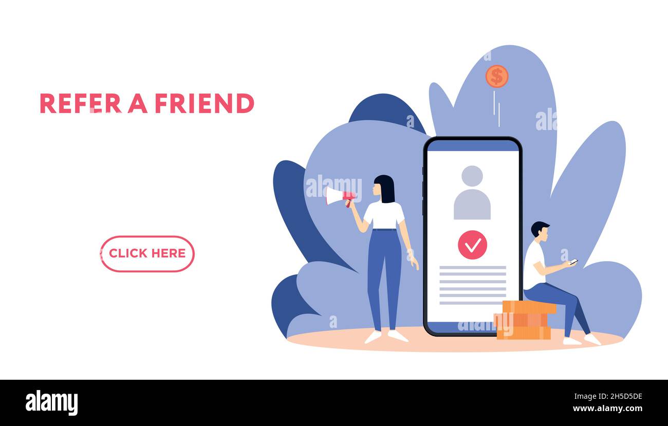 Refer a friend. Vector design template in flat design. Young woman and ...