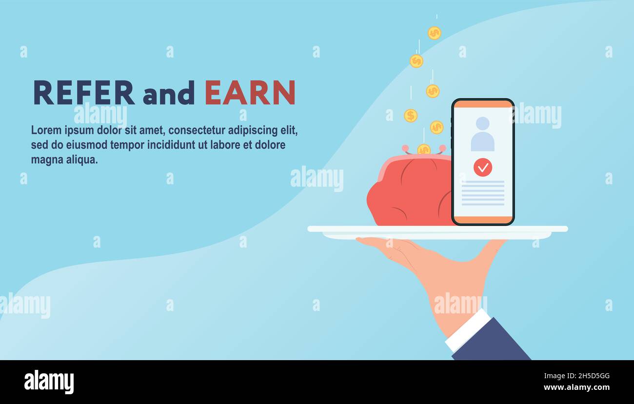 Refer and earn. Vector illustration with copy space. Man holding plate ...