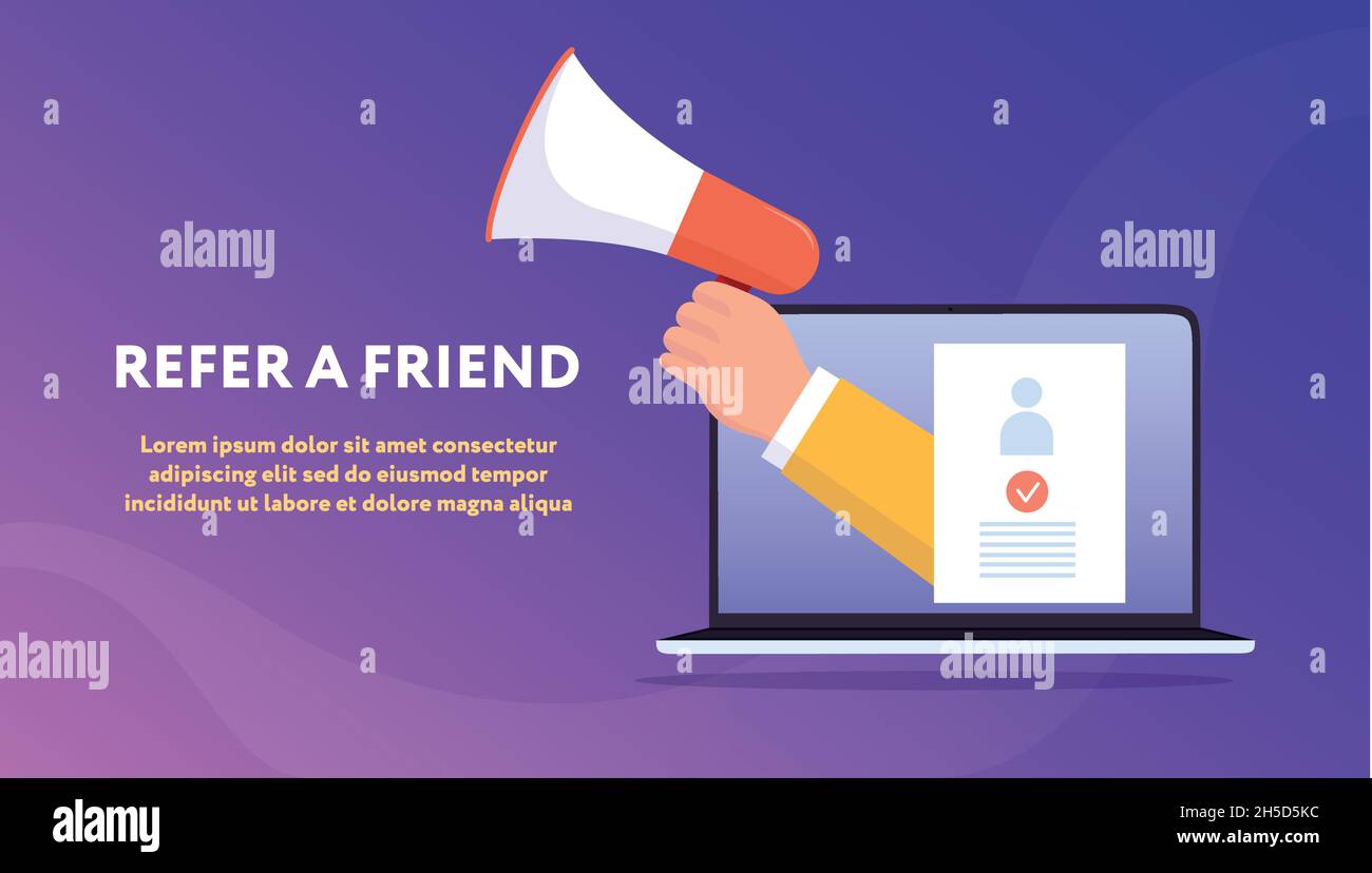 Referral program. Vector illustration with copy space. Man with ...