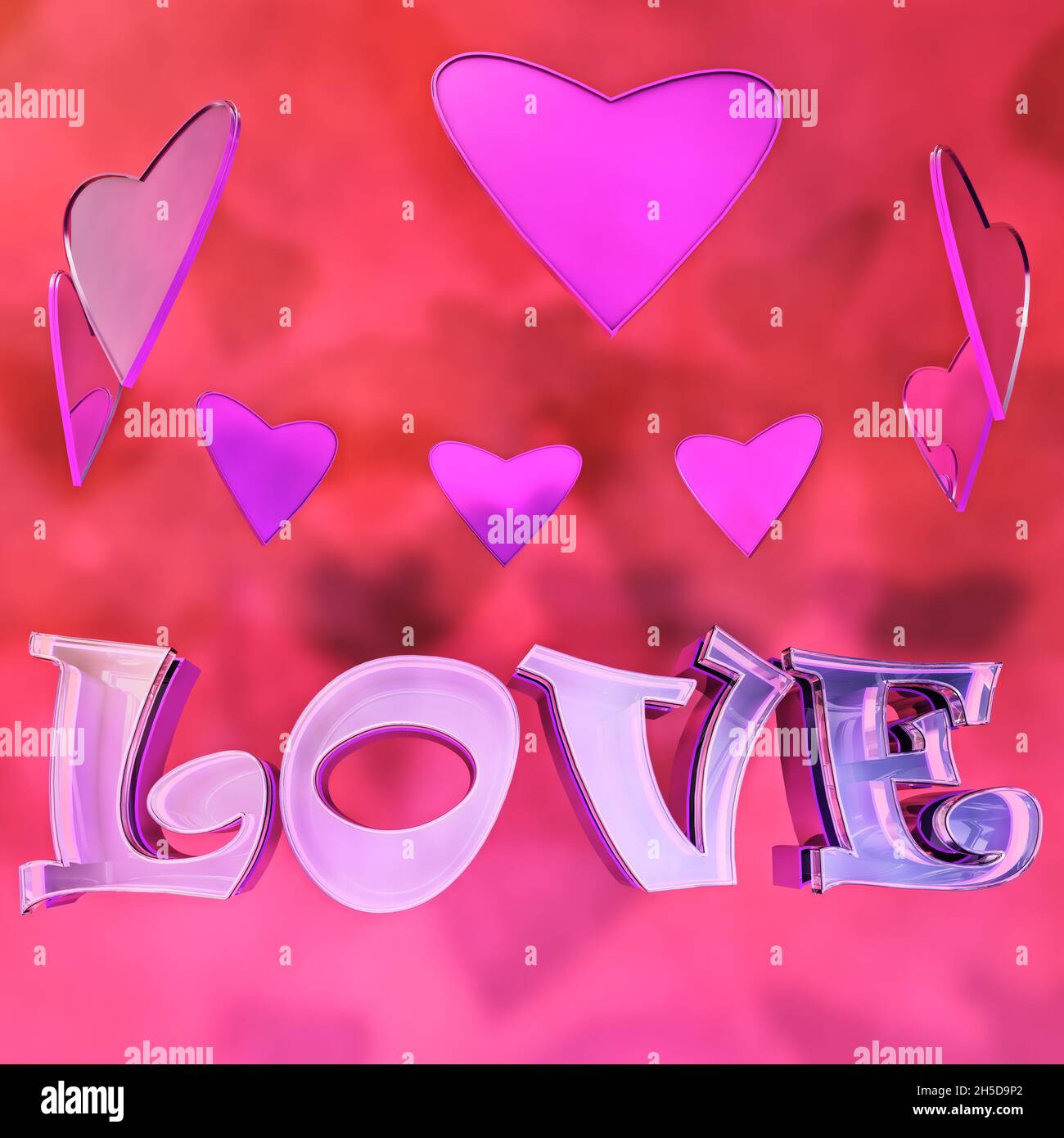 3D rendering of romantic design of the word Love and hearts making ...