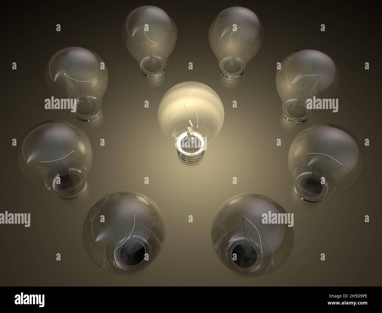 3D rendering of nine electronic lamps, on of them lighting on isolated ...