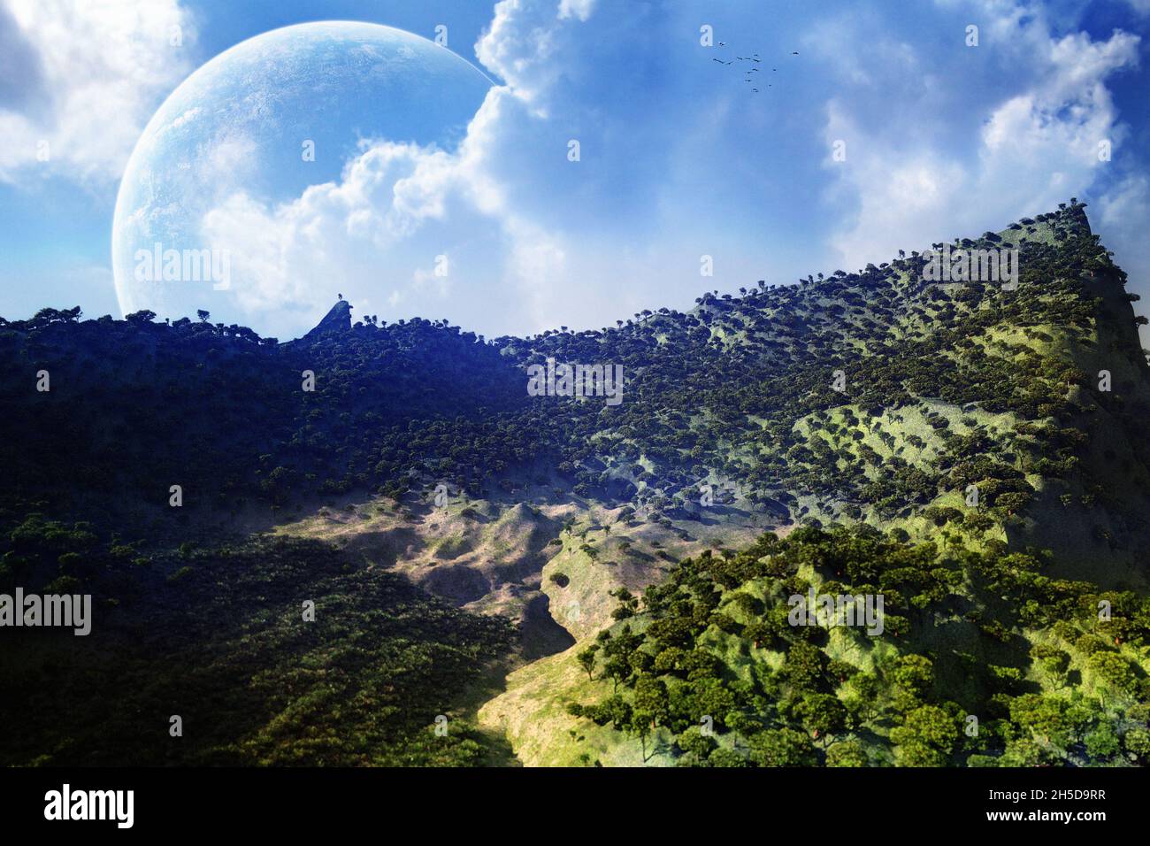 3D rendering of a beautiful view, big field and grass on mountain with ...