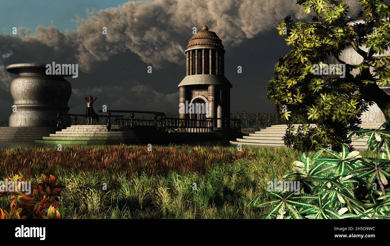 3D rendering of a village and house, big meadow field with grass and ...