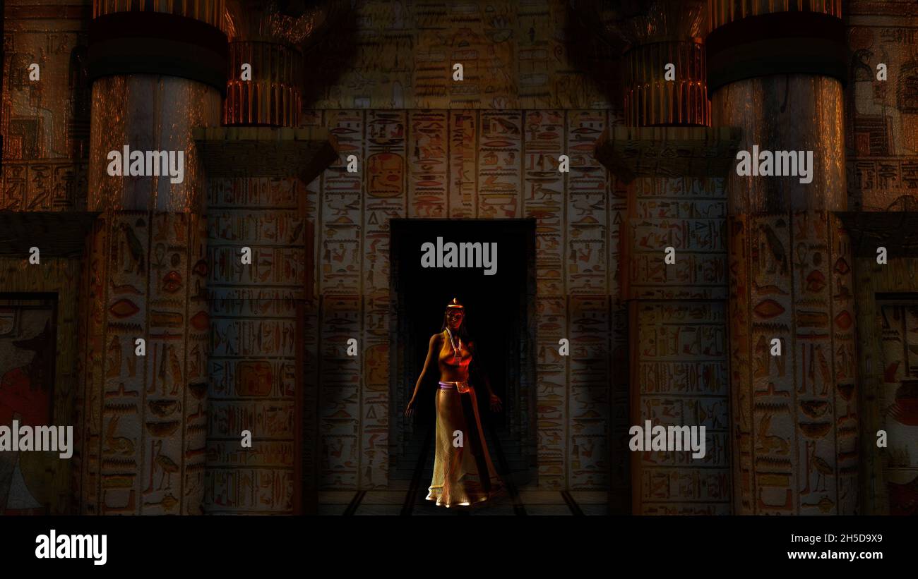 3D rendering of a pharaoh queen standing on the door in the middle of ...