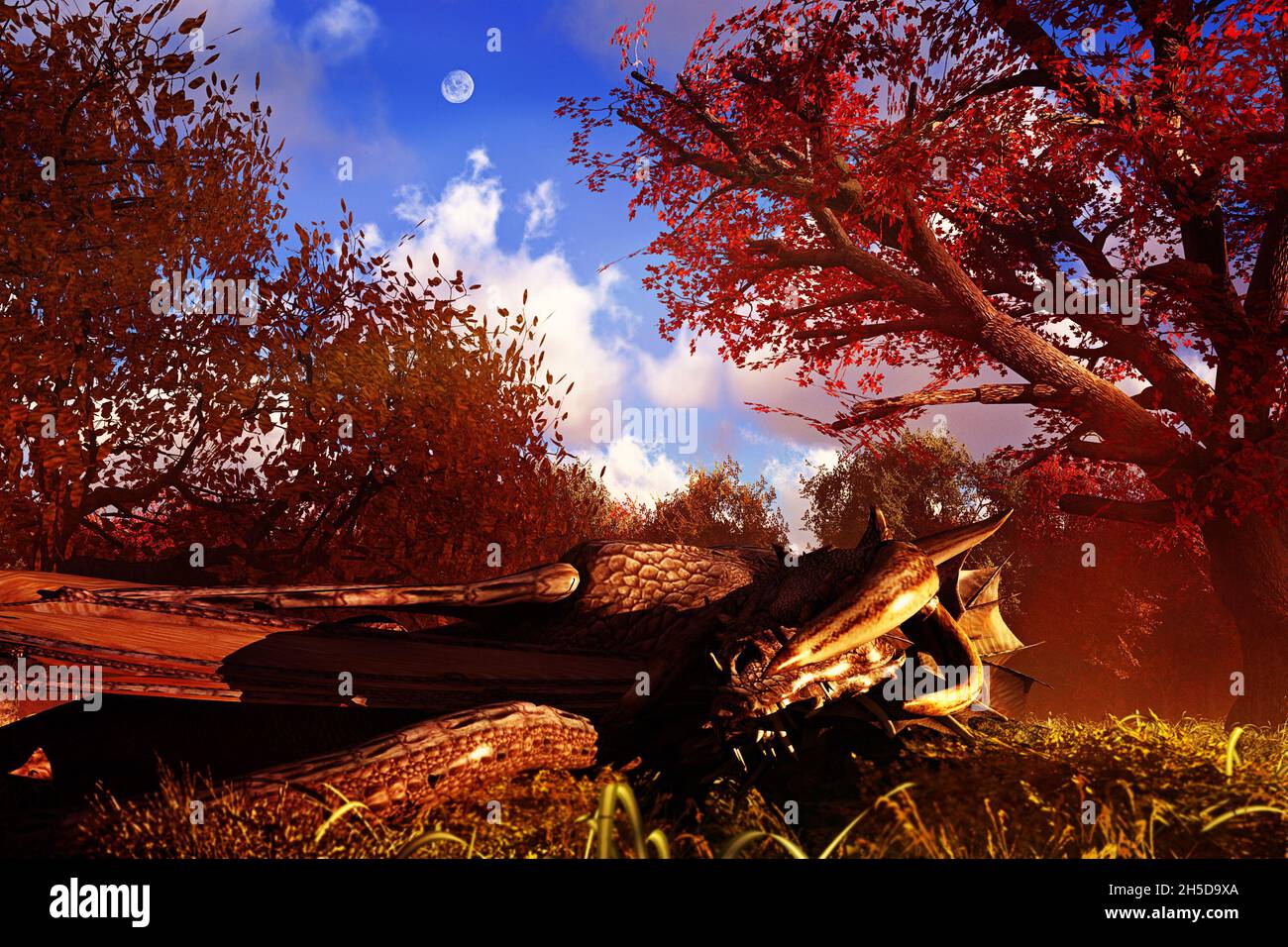 3D rendering of of a fantasy huge animal sleeping on the grass in a ...