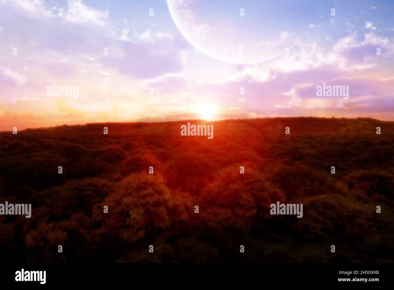 3D rendering of the outdoor view in time of sunset under a cloudy sky ...