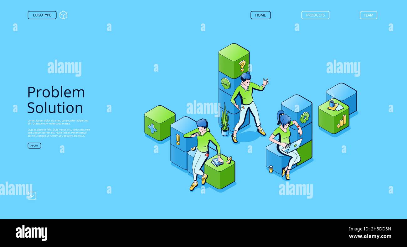 Problem solution isometric landing page, business people in office or ...