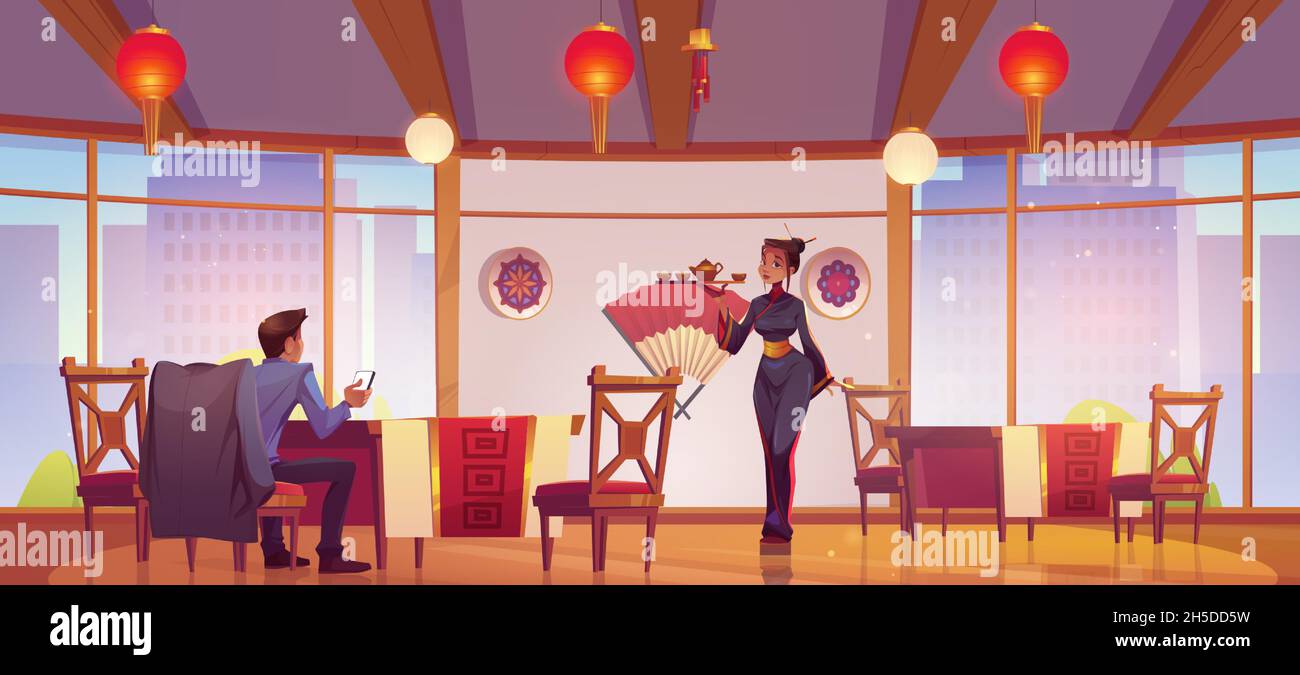 Tea ceremony in asian restaurant, woman wear traditional kimono serve ...