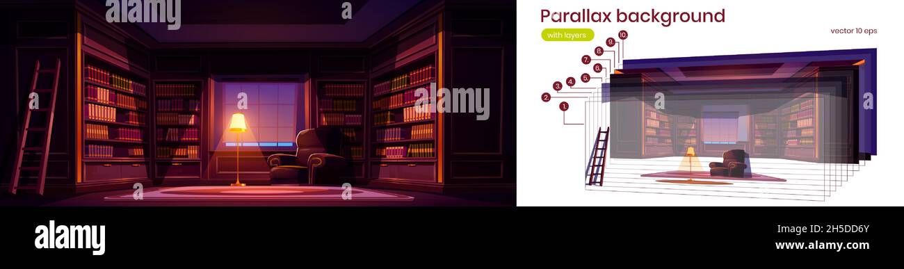 Parallax background luxury old library interior at night. 2d dark room ...
