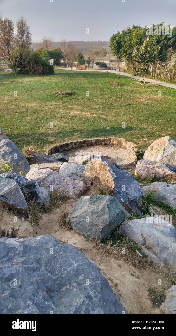 Natural view of a walking path pavement in a park covered in greenery ...