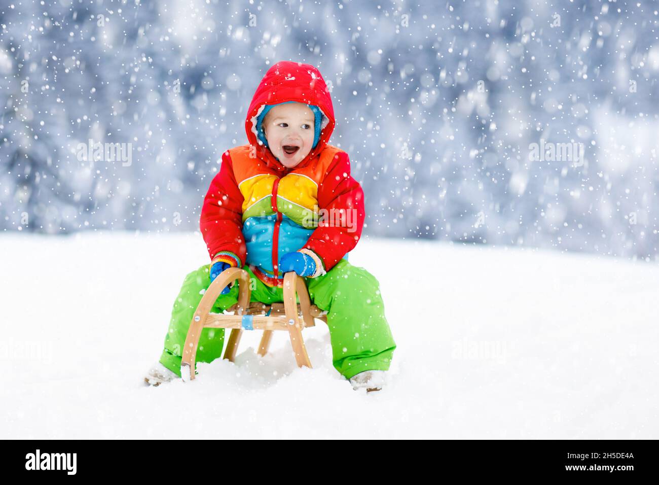 Little boy enjoying a sleigh ride. Child sledding. Toddler kid riding a ...