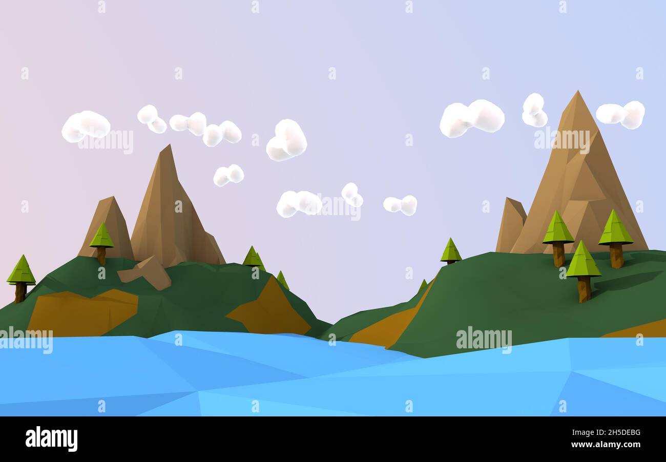 2D illustration of two conjoined islands in the ocean with mountains ...
