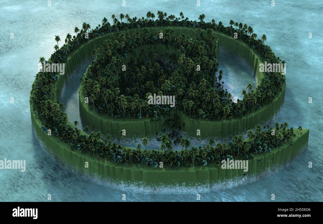 3D render of a tropical island shaped like the at sign amidst a bright ...
