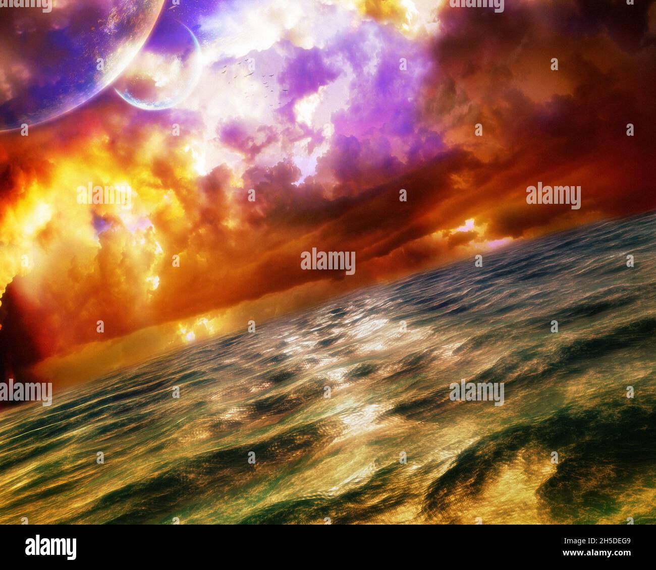 3D render of an abstract fantasy planet with an endless ocean under a ...