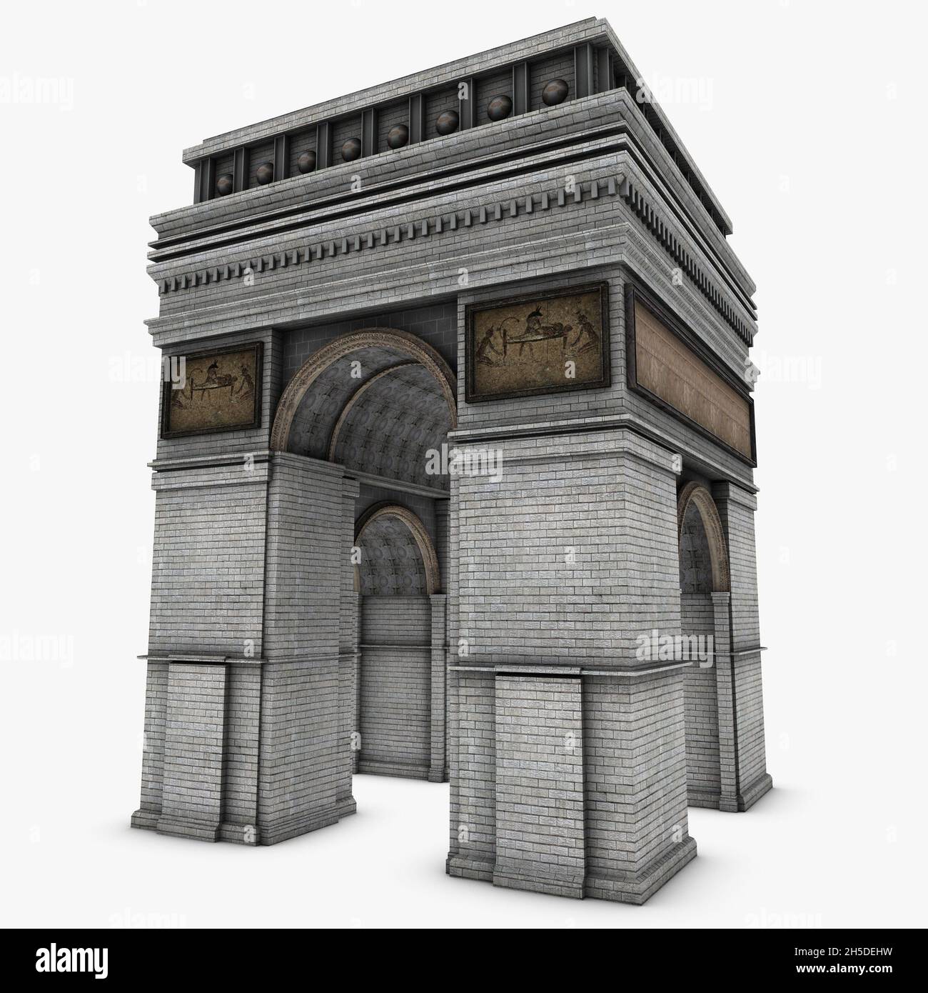 3D rendering of a brick structure with stout pillars, arches, and ...