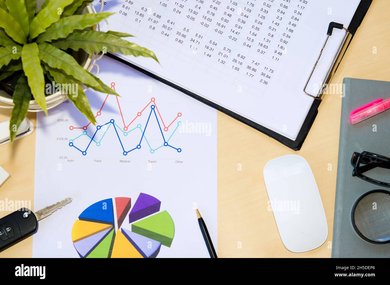 Desk office and Graph analysis spreadsheet Stock Photo - Alamy
