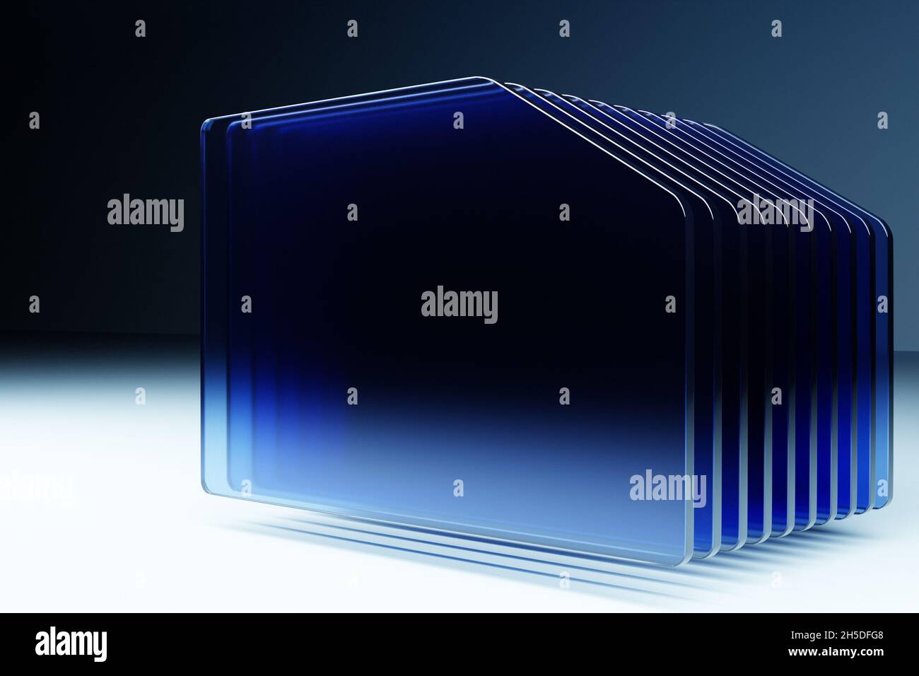 3d illustration of the edges of blue glass sheets of paper.Abstract ...