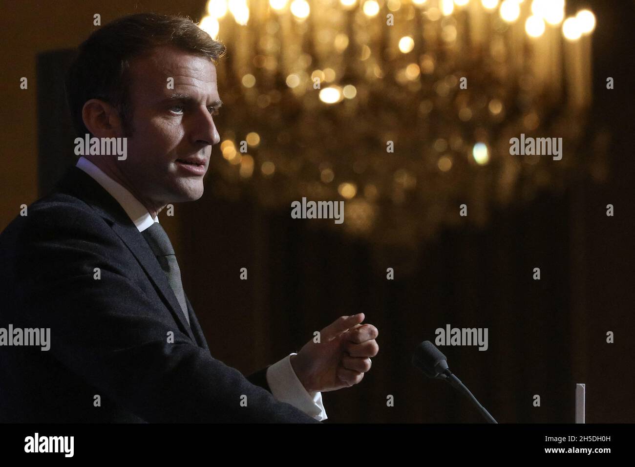 French President Emmanuel Macron delivers a speech during the New ...