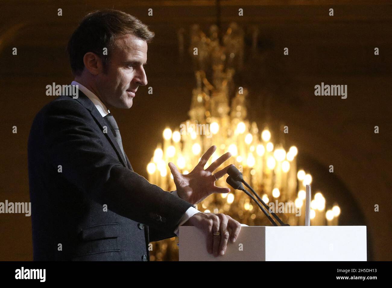 French President Emmanuel Macron delivers a speech during the New ...
